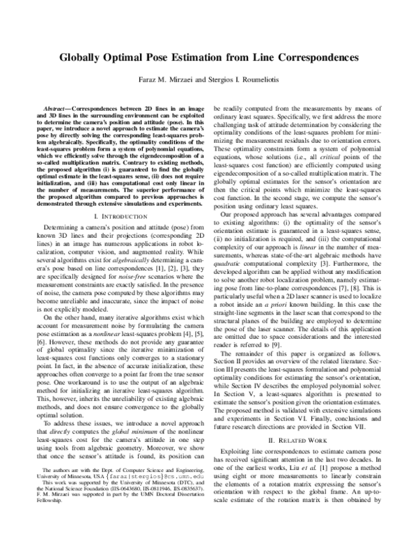(PDF) Globally optimal pose estimation from line correspondences