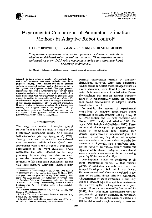 (PDF) Experimental comparison of parameter estimation methods in adaptive robot control