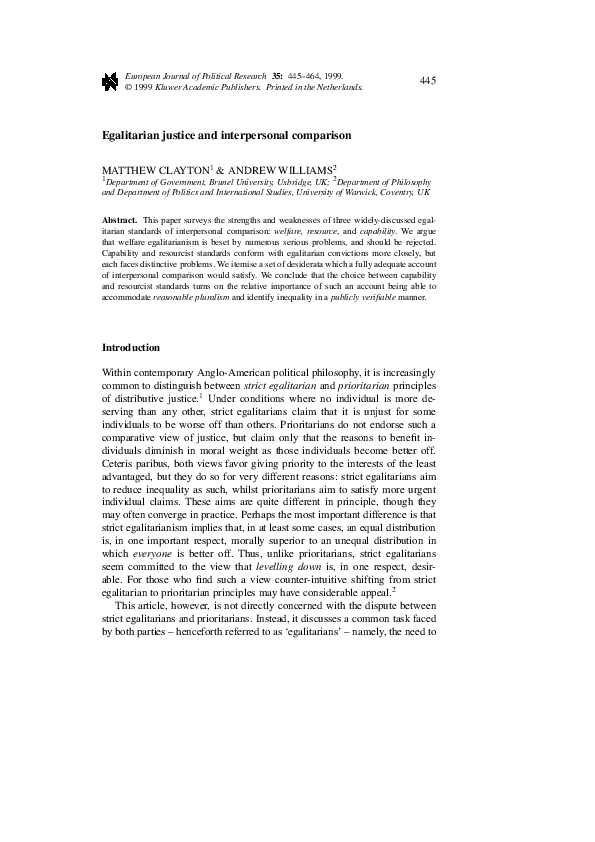 (PDF) Egalitarian justice and interpersonal comparison