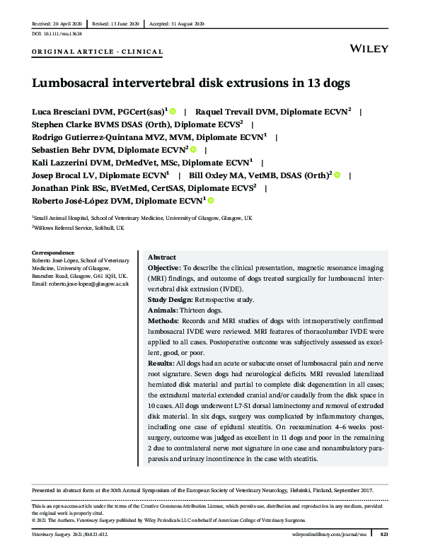 (PDF) Lumbosacral intervertebral disk extrusions in 13 dogs