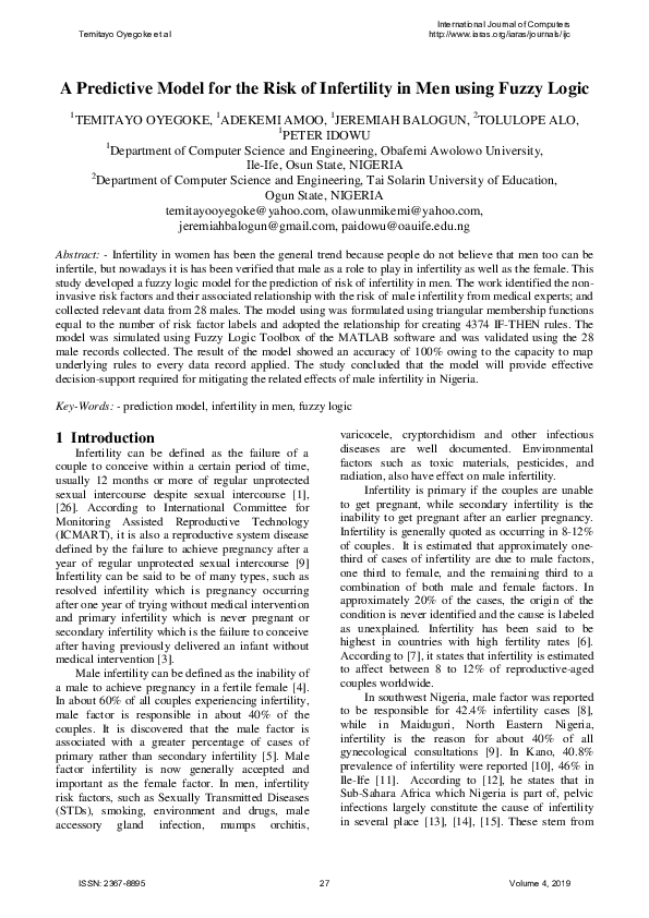(PDF) A Predictive Model for the Risk of Infertility in Men using Fuzzy ...