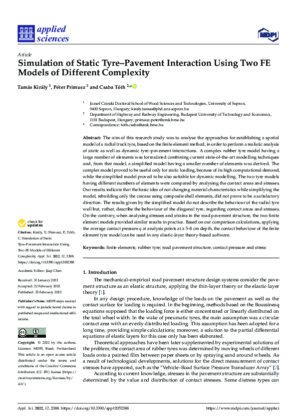 Pdf Simulation Of Static Tyrepavement Interaction Using Two Fe Models Of Different Complexity