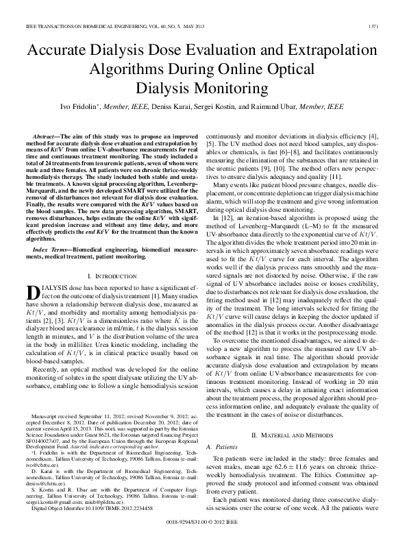 (PDF) Accurate Dialysis Dose Evaluation and Extrapolation Algorithms During Online Optical ...