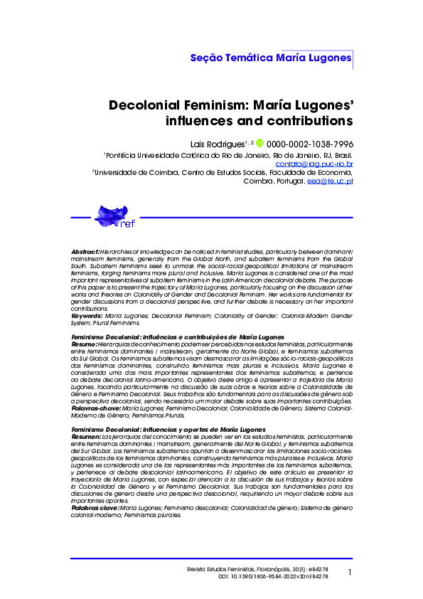 (PDF) Decolonial Feminism: María Lugones’ influences and contributions