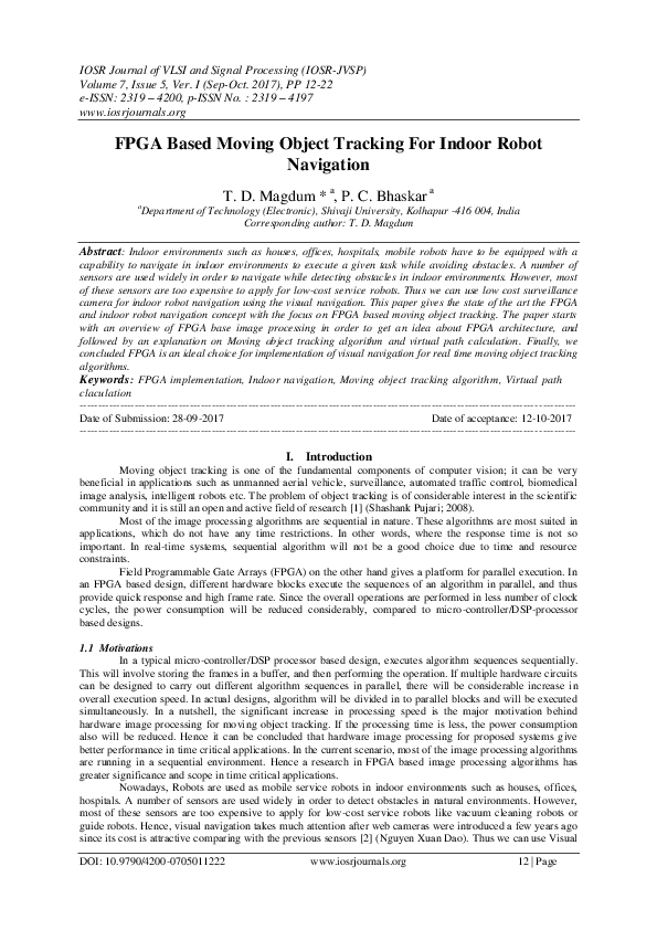 Pdf Fpga Based Moving Object Tracking For Indoor Robot Navigation A Review Mr