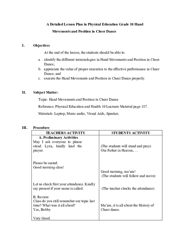 (DOC) A Detailed Lesson Plan in Physical Education Grade 10 Hand ...