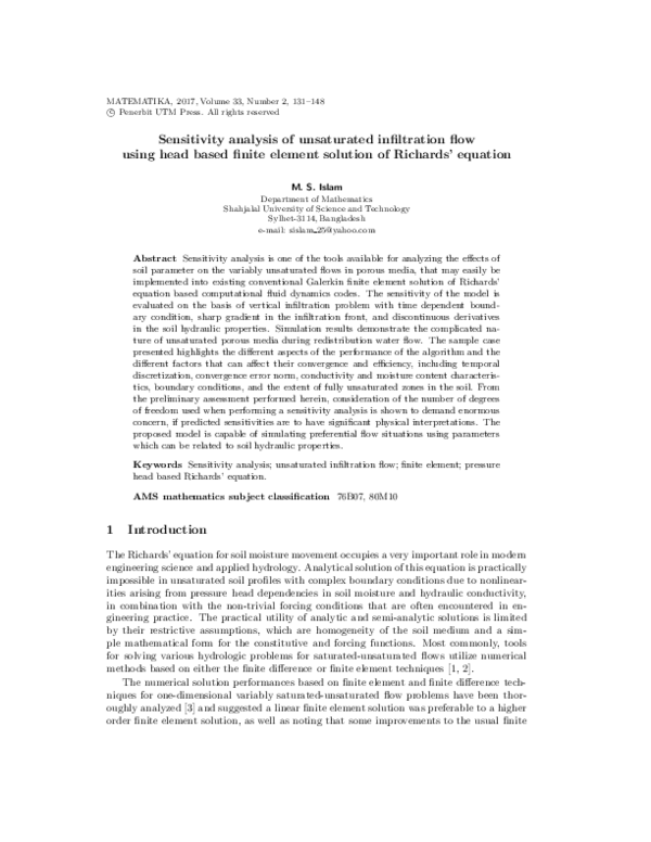 (PDF) Sensitivity analysis of unsaturated infiltration flow using head based finite element ...