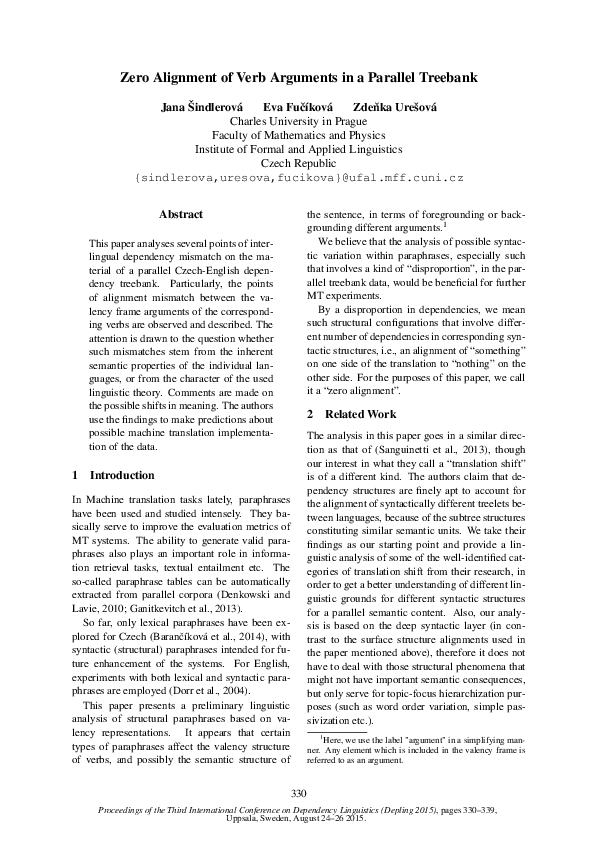 Pdf Zero Alignment Of Verb Arguments In A Parallel Treebank 