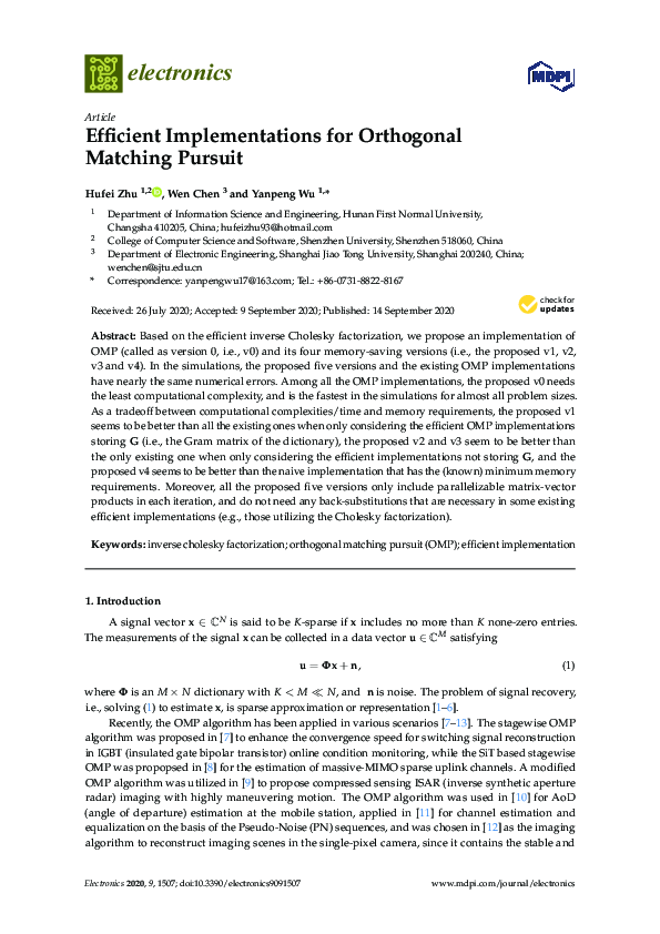 (PDF) Efficient Implementations for Orthogonal Matching Pursuit