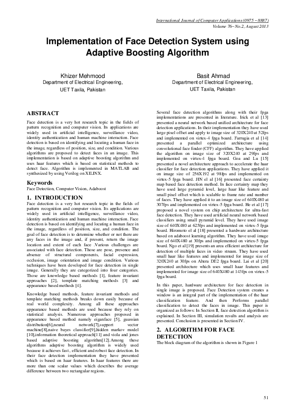 Pdf Implementation Of Face Detection System Using Adaptive Boosting