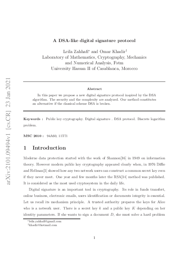 (PDF) A DSA-like digital signature protocol