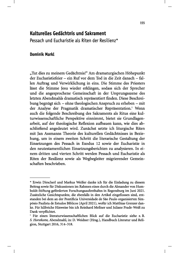 (PDF) Markl, Dominik, “Kulturelles Gedächtnis und Sakrament: Pessach ...