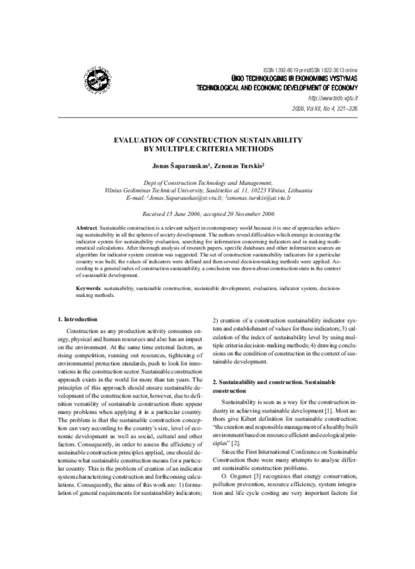 Pdf Evaluation Of Construction Sustainability By Multiple Criteria Methods