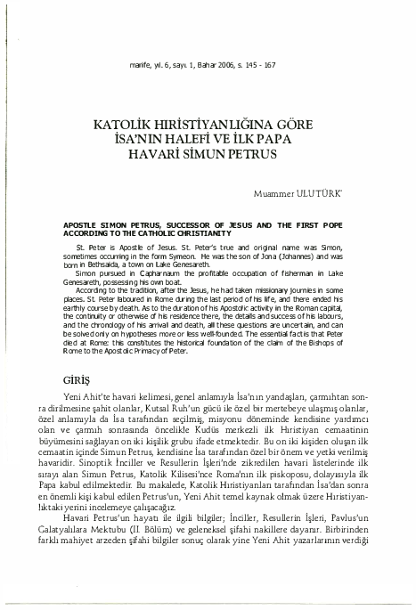 (PDF) Katolik Hıristiyanlığına Göre İsa'nın Halefi ve İlk Papa Havari ...