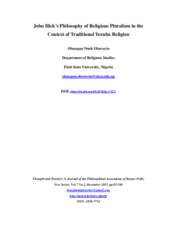 (PDF) John Hick’s Philosophy of Religious Pluralism in the Context of ...