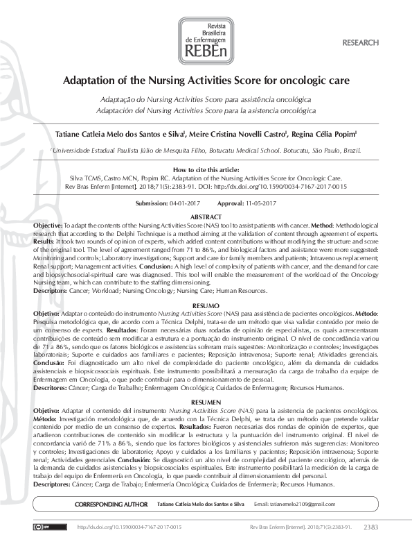 (PDF) Adaptation of the Nursing Activities Score for oncologic care