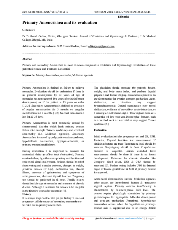 (PDF) Primary Amenorrhea and its evaluation