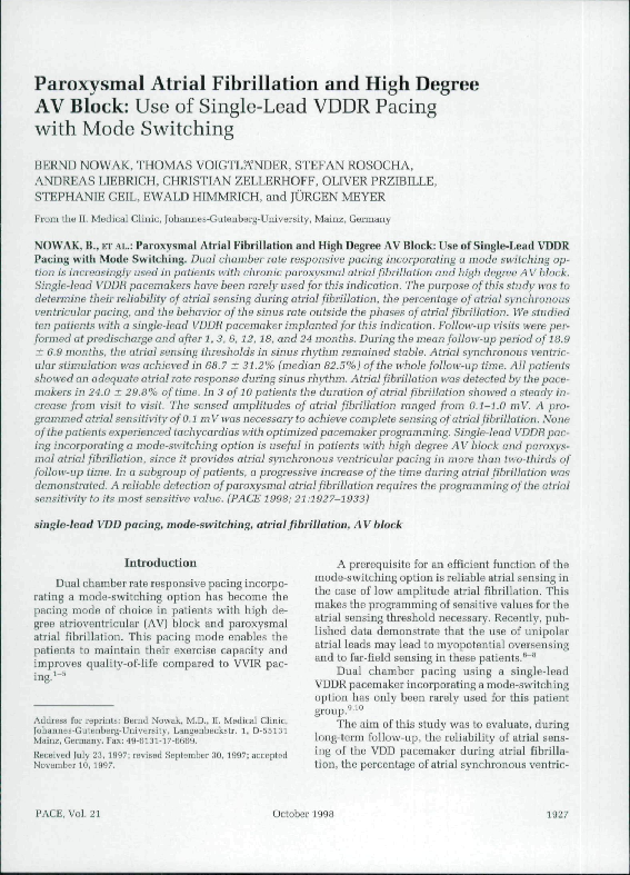 (PDF) Paroxysmal Atrial Fibrillation and High Degree AV Block: Use of Single-Lead VDDR Pacing ...