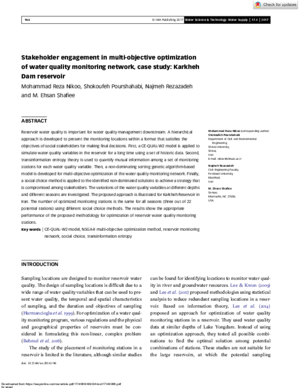 (PDF) Stakeholder engagement in multi-objective optimization of water quality monitoring network ...