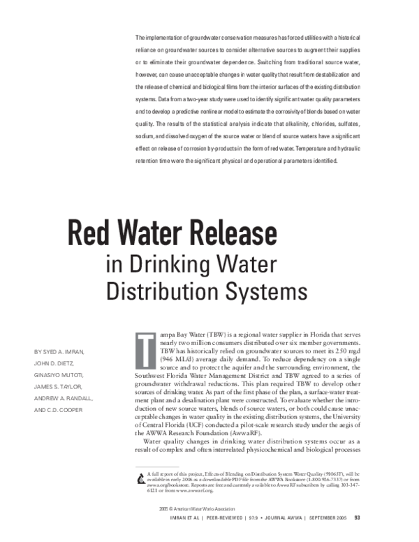 (PDF) Red Water Release in Drinking Water Distribution Systems