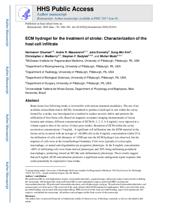 (PDF) ECM hydrogel for the treatment of stroke: Characterization of the ...