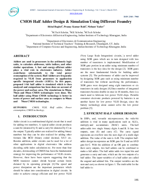 (PDF) CMOS Half Adder Design & Simulation Using Different Foundry
