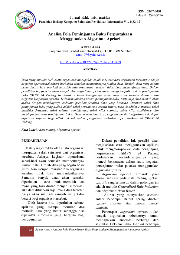 (PDF) Analisa Pola Peminjaman Buku Perpustakaan Menggunakan Algoritma Apriori