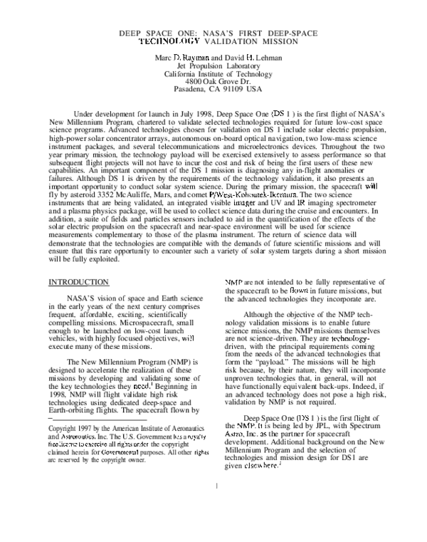 (PDF) Deep space one: NASA's first Deep-Space technology validation mission