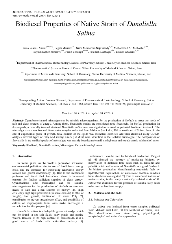 (PDF) Biodiesel Properties of Native Strain of Dunaliella Salina