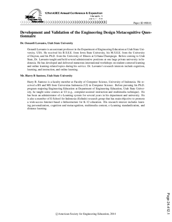(PDF) Development and Validation of the Engineering Design Metacognitive Questionnaire