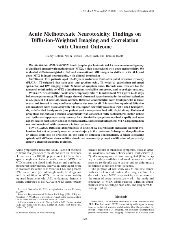 (PDF) Acute methotrexate neurotoxicity: findings on diffusion-weighted ...