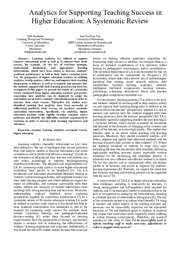 (PDF) Analytics for Supporting Teaching Success in Higher Education: A Systematic Review