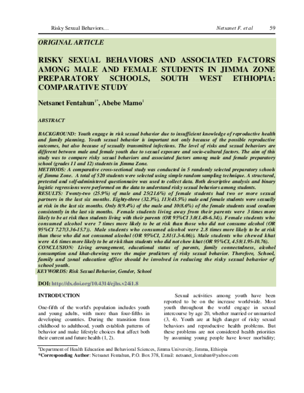 (PDF) Risky Sexual Behaviors and Associated Factors among Male and Female Students in Jimma Zone ...