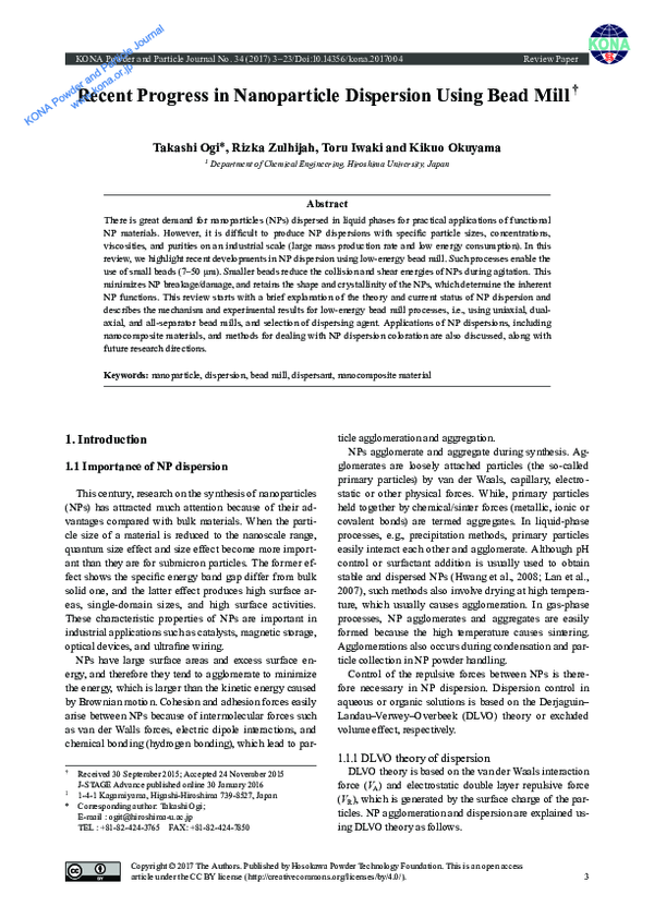 Recent Progress in Nanoparticle Dispersion Using Bead Mill