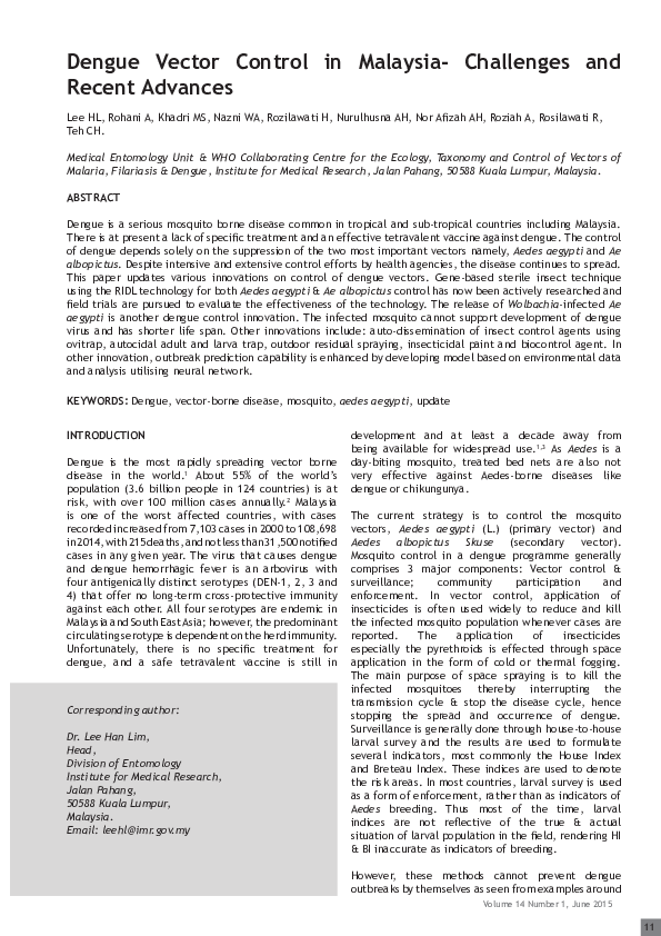 Dengue Vector Control in Malaysia- Challenges and Recent Advances