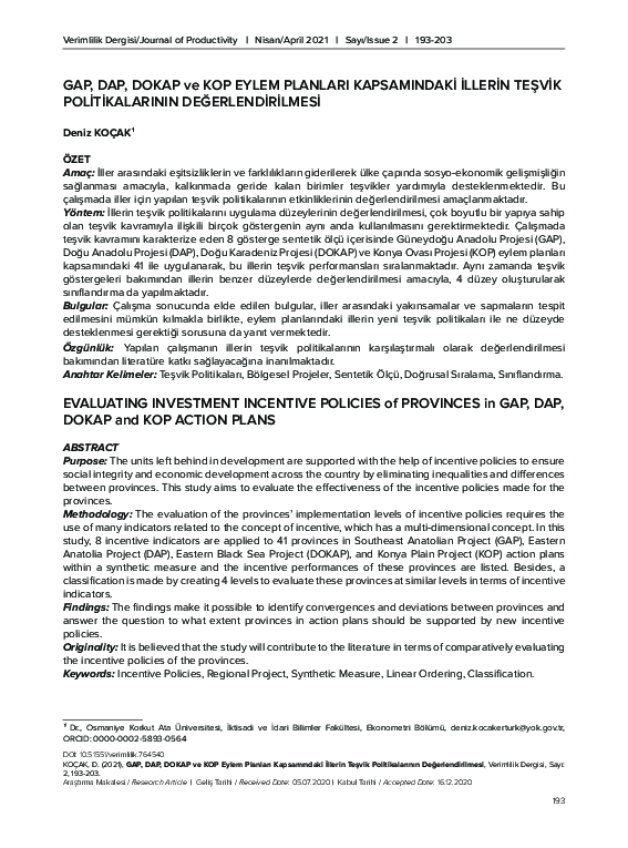 (PDF) Gap, Dap, Dokap Ve Kop Eylem Planlari Kapsamindaki̇ İlleri̇n Teşvi̇k Poli̇ti̇kalarinin ...