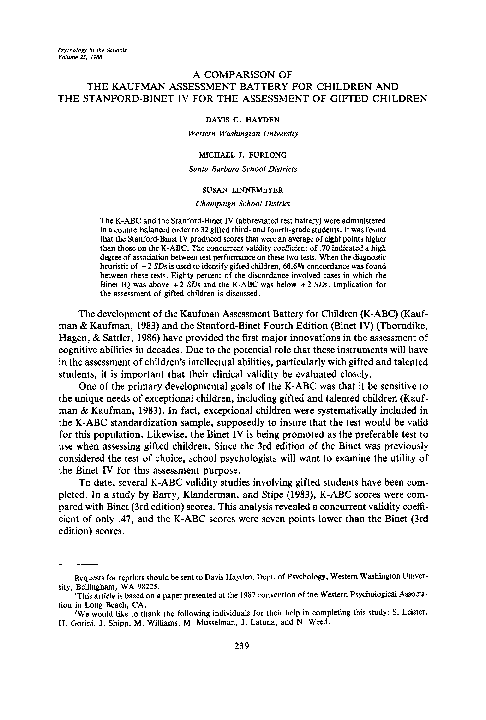 (PDF) A comparison of the Kaufman Assessment Battery for Children and ...