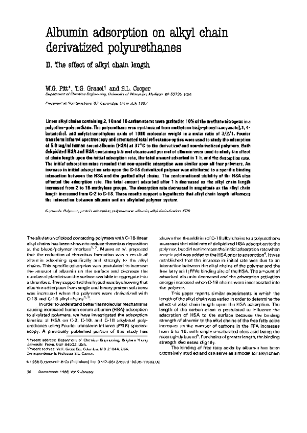 (PDF) Albumin adsorption on alksyi chain derivatized polyurettianes | William Pitt - Academia.edu