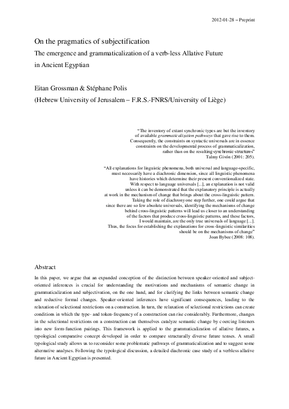 (PDF) On the pragmatics of subjectification: The grammaticalization of ...
