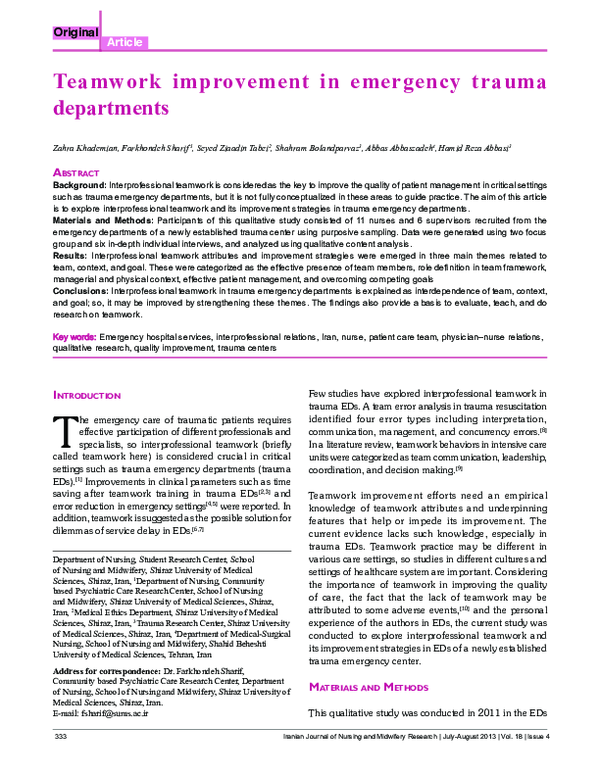 (PDF) Teamwork improvement in emergency trauma departments