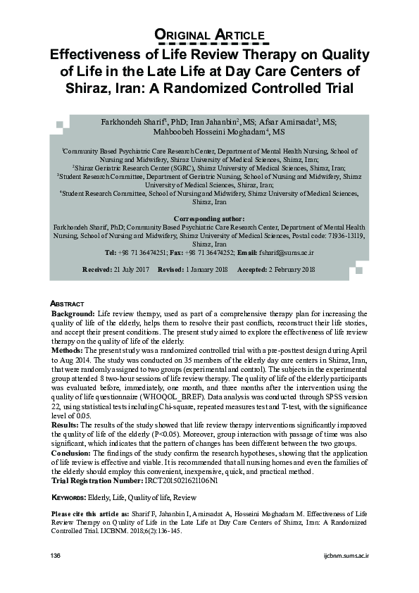 (PDF) Effectiveness of Life Review Therapy on Quality of Life in the Late Life at Day Care ...