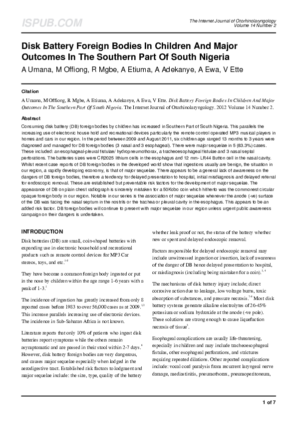 (PDF) Disk Battery Foreign Bodies In Children And Major Outcomes In The ...