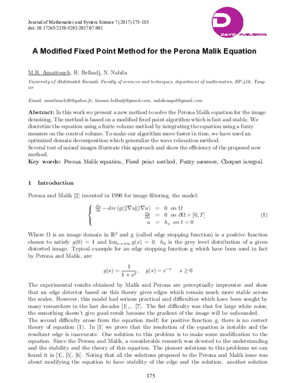 (PDF) A Modified Fixed Point Method for the Perona Malik Equation