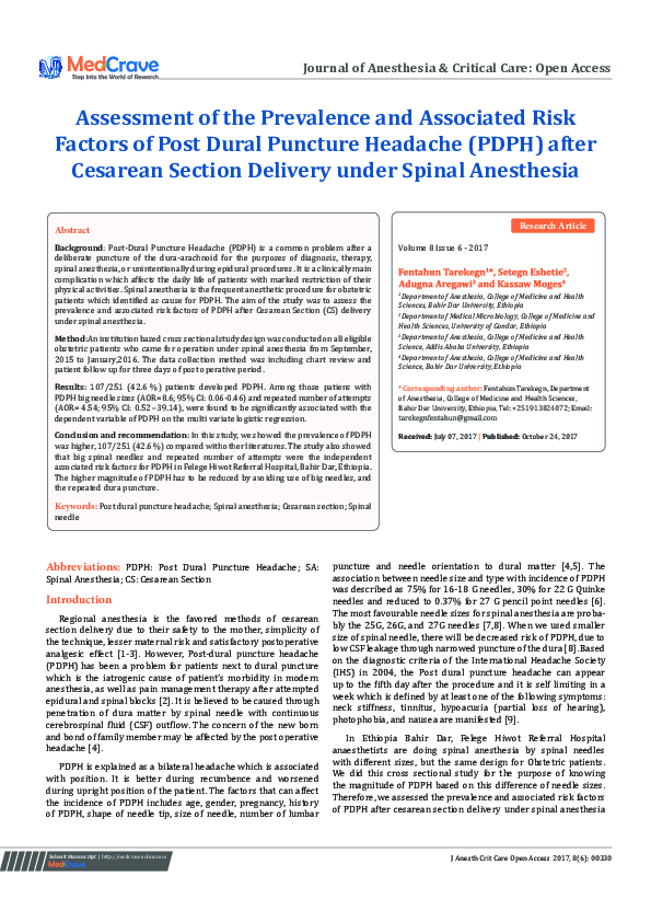 (PDF) Assessment of the Prevalence and Associated Risk Factors of Post ...