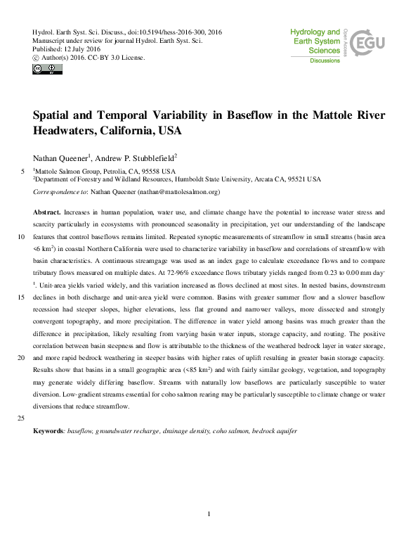 (PDF) Spatial and Temporal Variability in Baseflow in the Mattole River ...