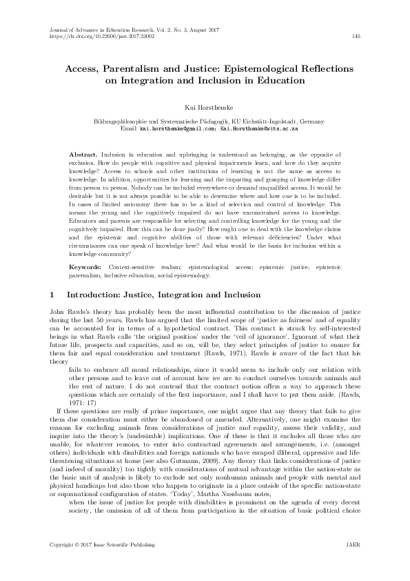 (PDF) Access, Parentalism and Justice: Epistemological Reflections on ...