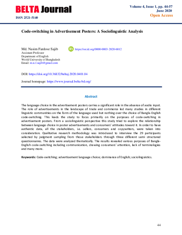 (PDF) Code-switching in Advertisement Posters: A Sociolinguistic Analysis