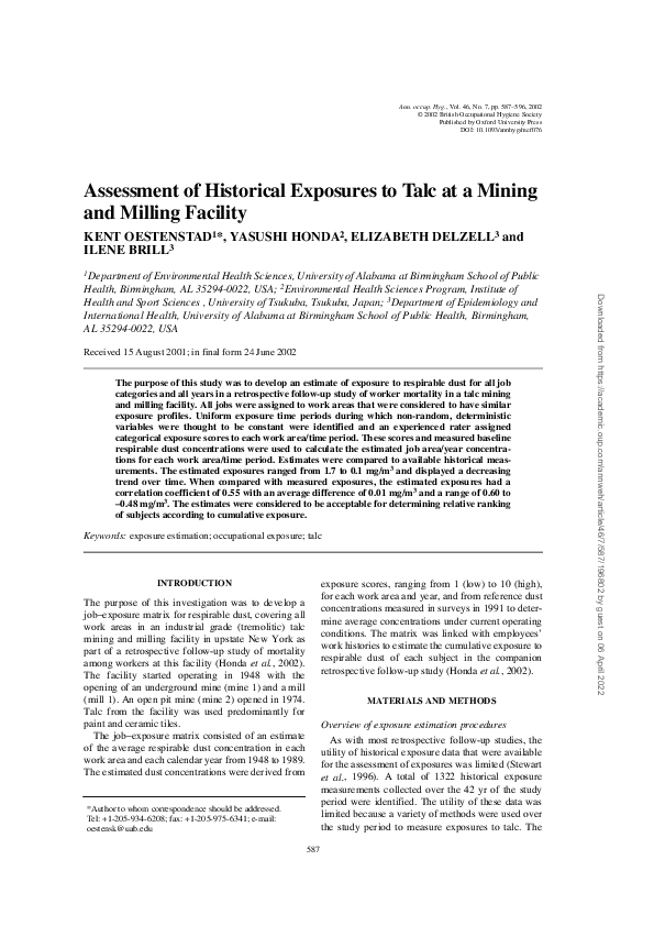 (PDF) Assessment of Historical Exposures to Talc at a Mining and ...