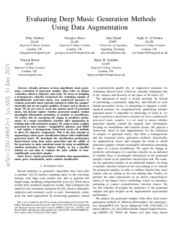(PDF) Evaluating Deep Music Generation Methods Using Data Augmentation