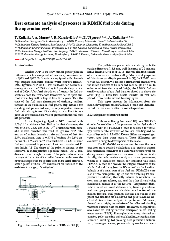 (PDF) Best Estimate Analysis of Processes in RBMK Fuel Rods During ...